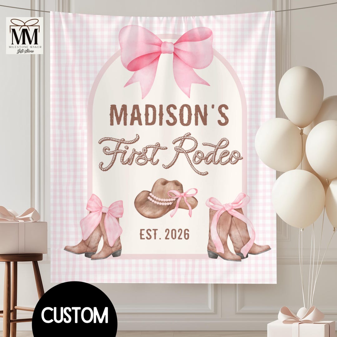 Cowgirl First Birthday Party Banner, Girls Pink First Rodeo Gingham ...