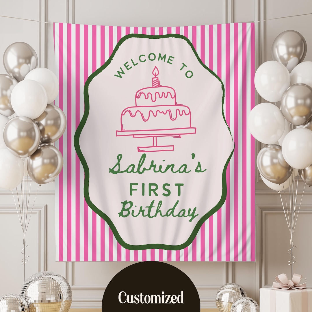 Custom Girls Pink Stripes Birthday Banner, Happy Birthday Party Decor ...