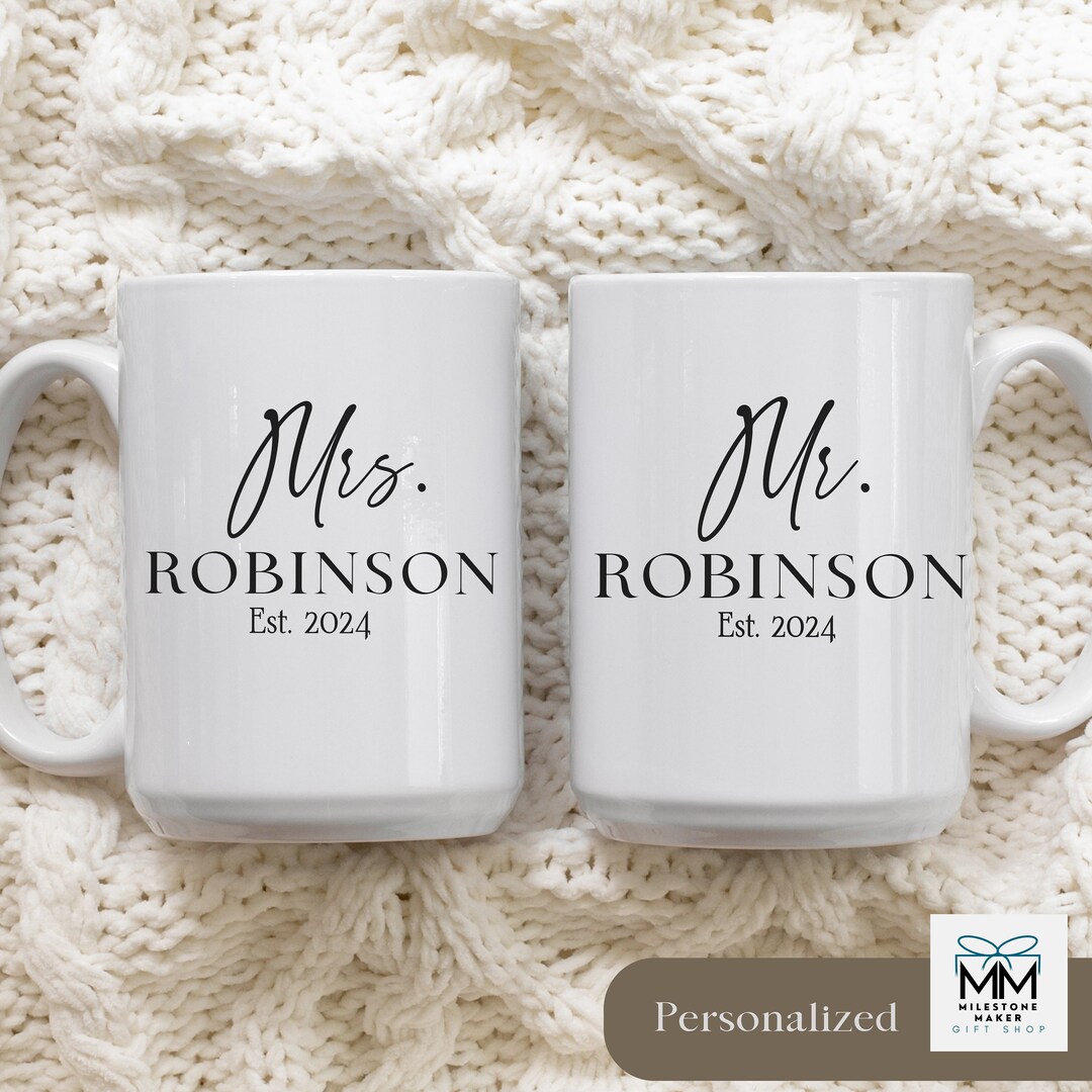 Personalized Bride and Groom Mugs With Wedding Date, Mr and Mrs Mug Set ...