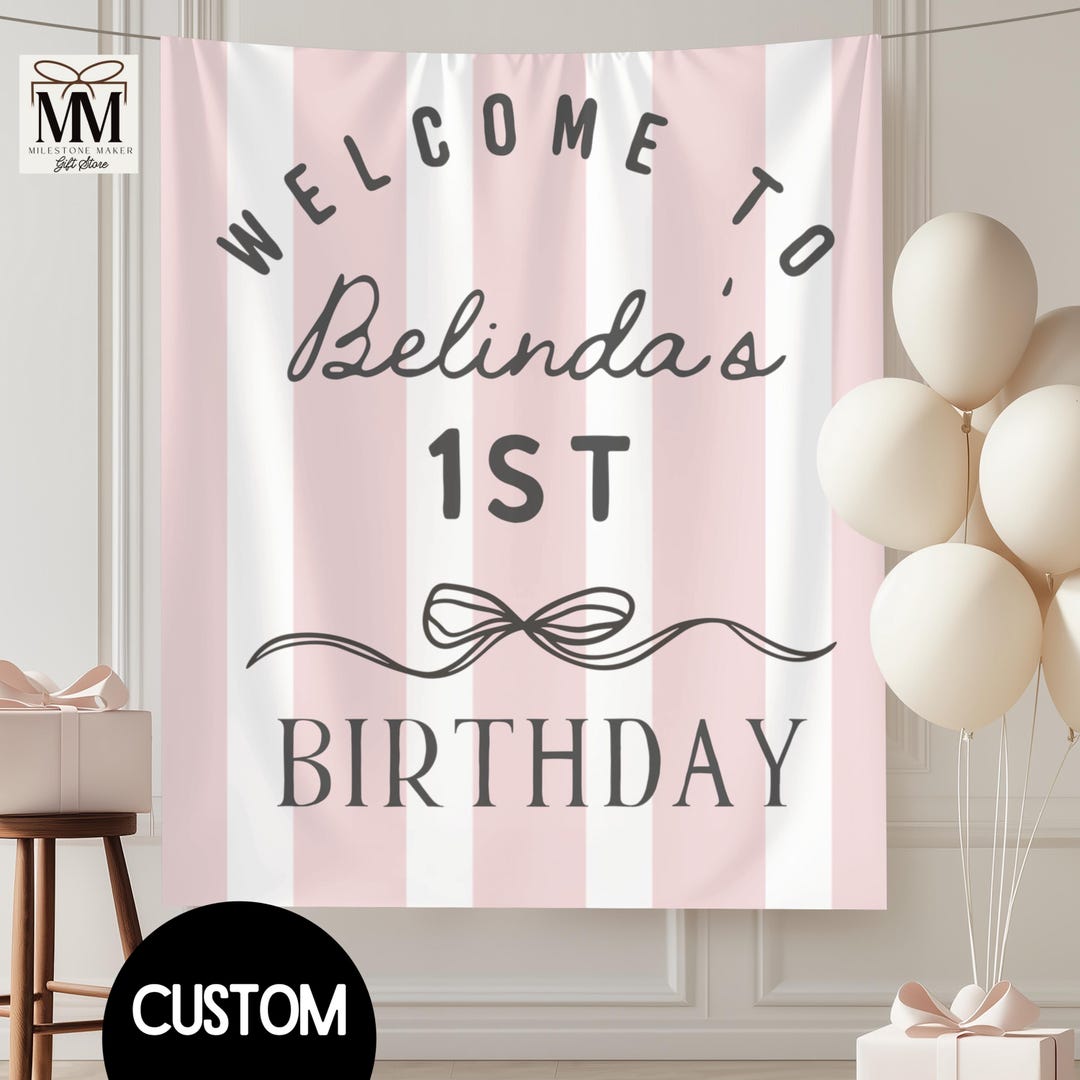 Girls Pink Preppy Birthday Banner, Striped Coquette Bow Aesthetic ...