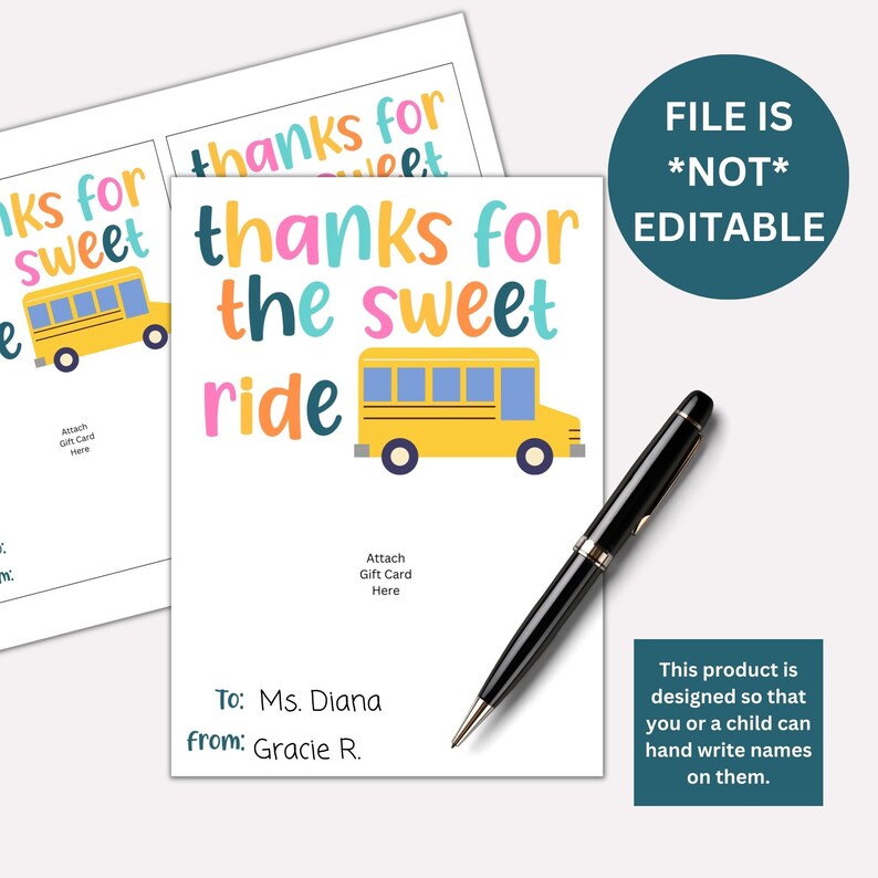 Thanks for the Sweet Ride School Bus Driver Printable Gift Card Holder ...