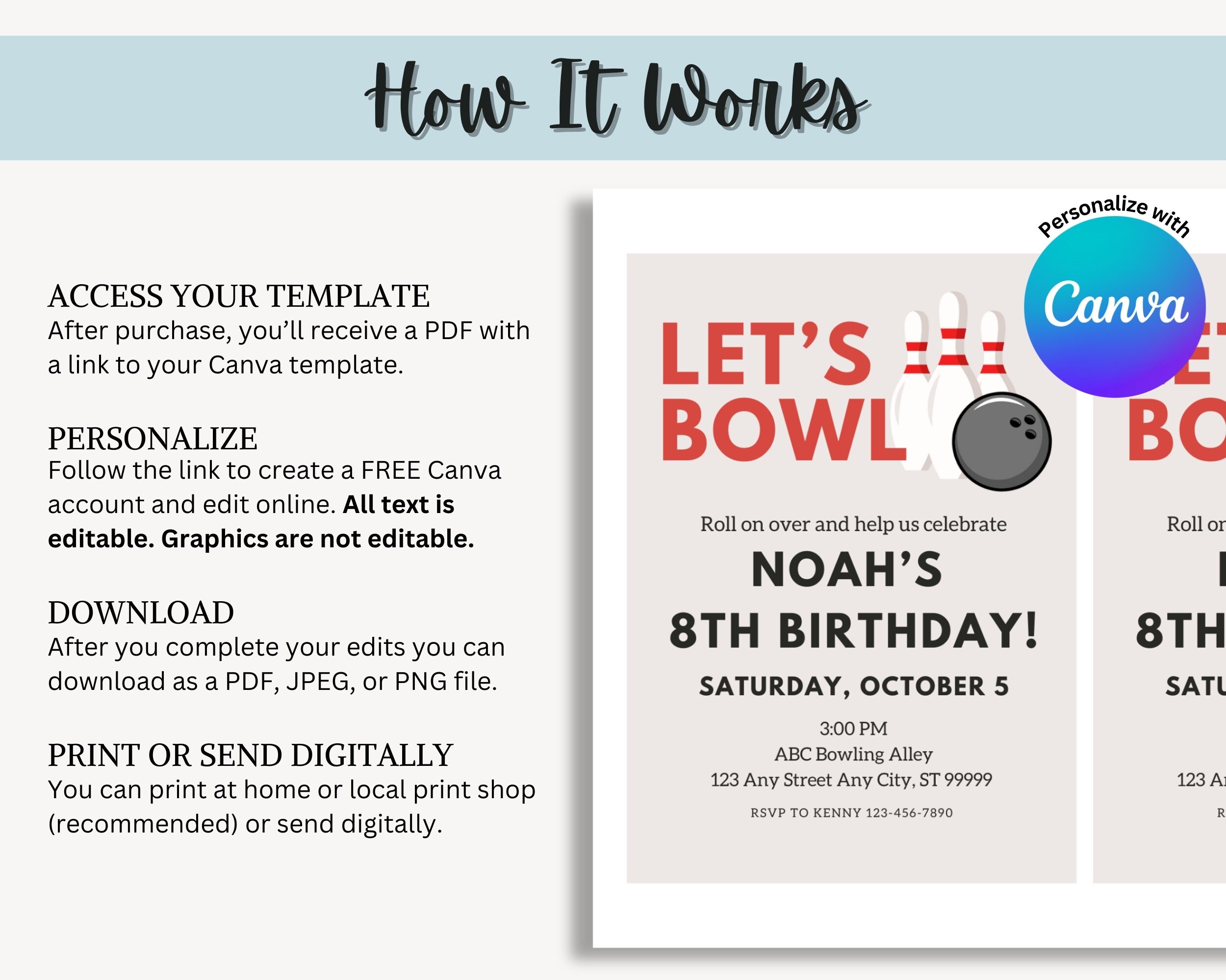 Editable Bowling Birthday Party Invitation, Bowling Party Invitation ...