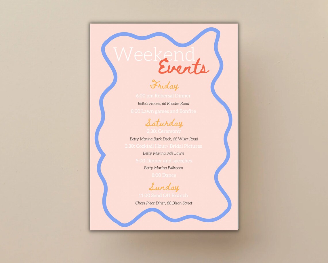 Modern Squiggle Wedding Weekend Itinerary and Welcome Note Template ...