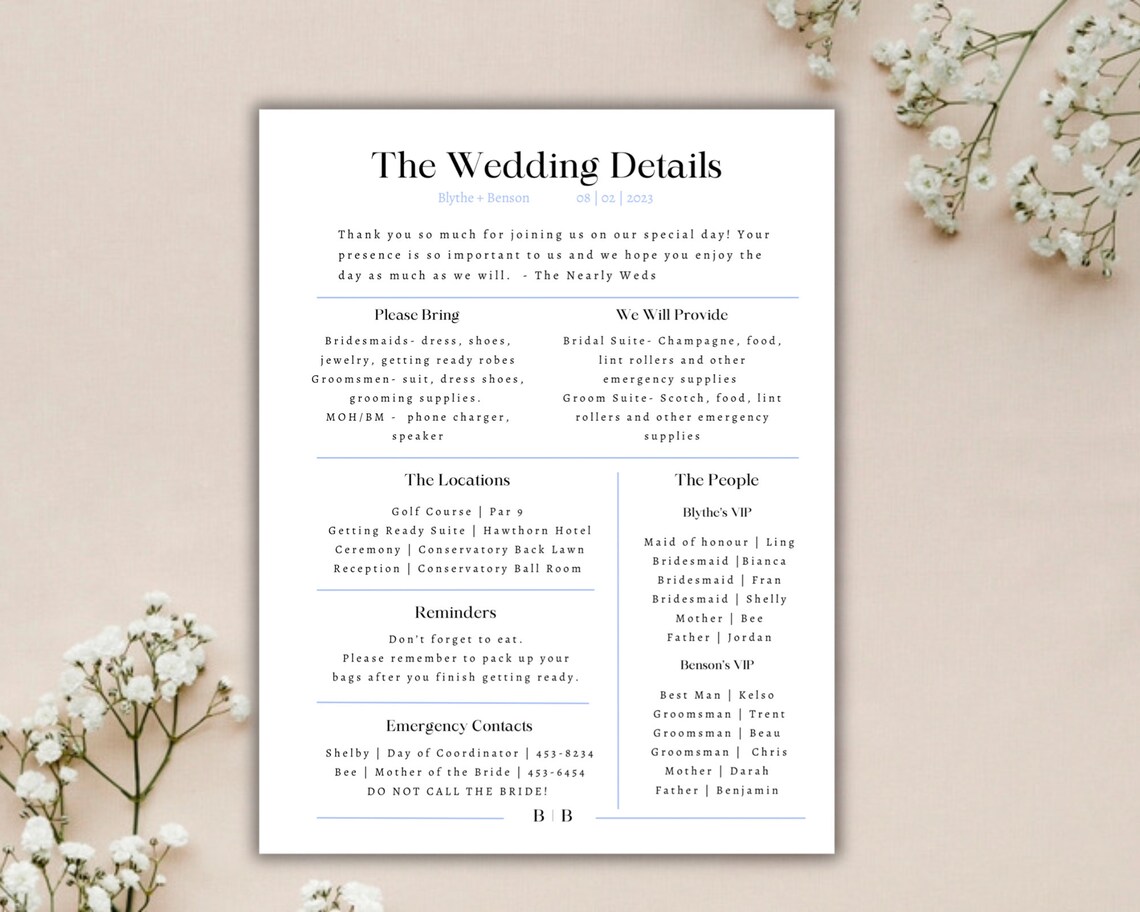 Modern Wedding Details Card Minimalist Wedding Day of - Etsy