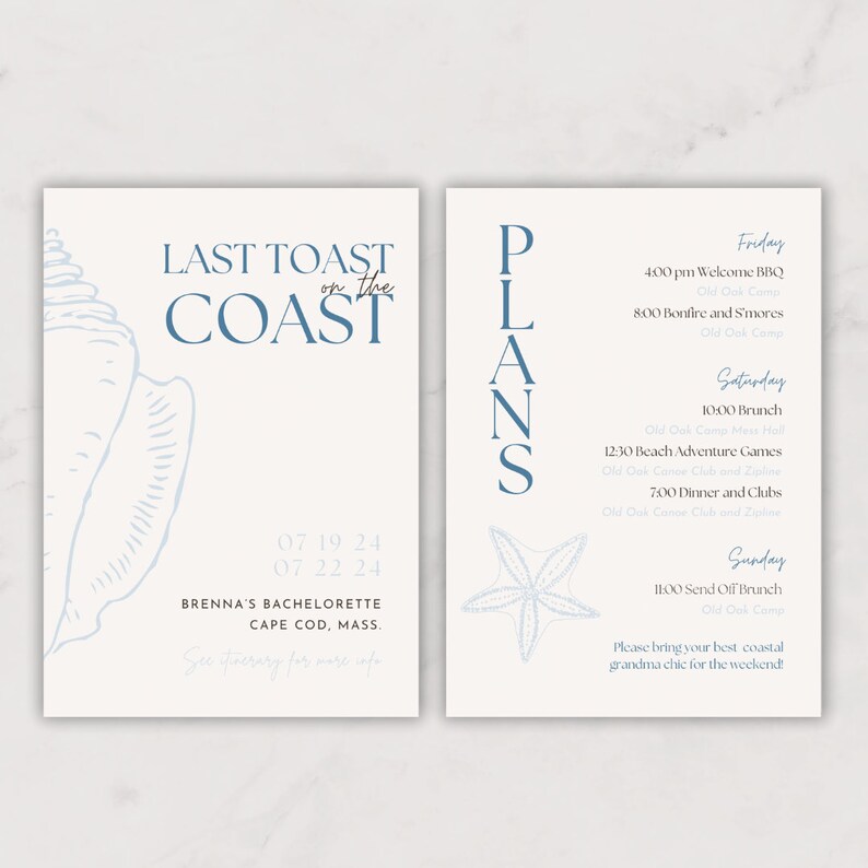 Last Toast on the Coast Bachelorette Itinerary Template | Coastal ...