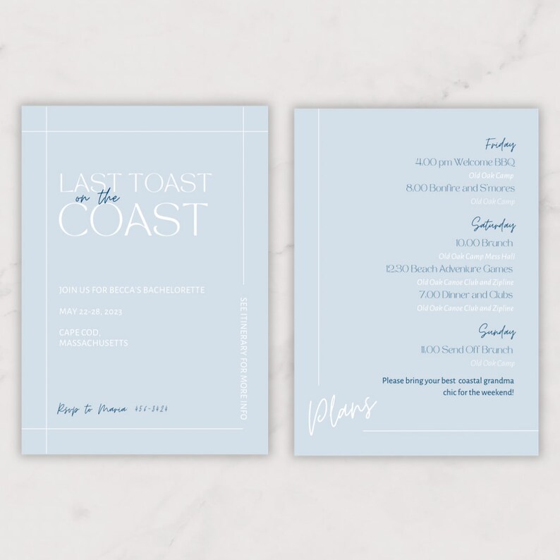 Last Toast on the Coast Bachelorette Itinerary Template | Coastal ...