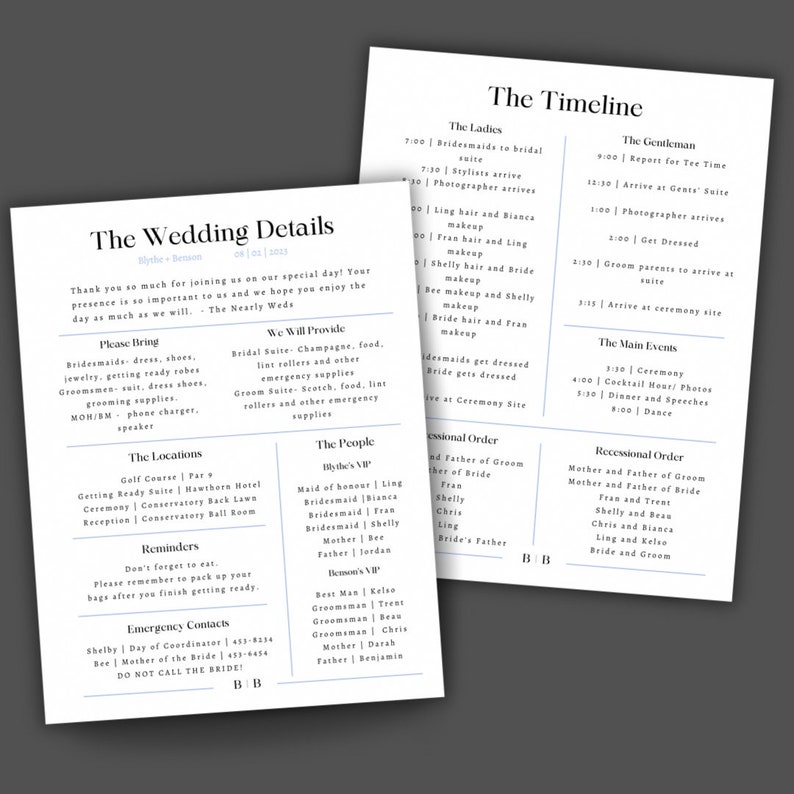 Modern Wedding Details Card | Minimalist Wedding Day of Timeline ...