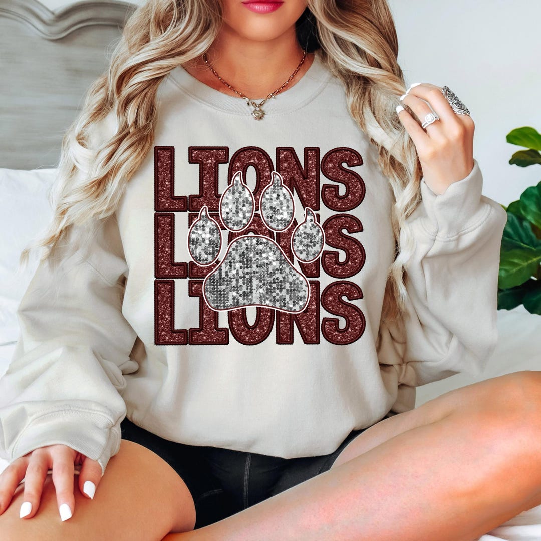 Lions Png/faux Embroidery/glitter/sequins/paw/silver and Maroon/team ...