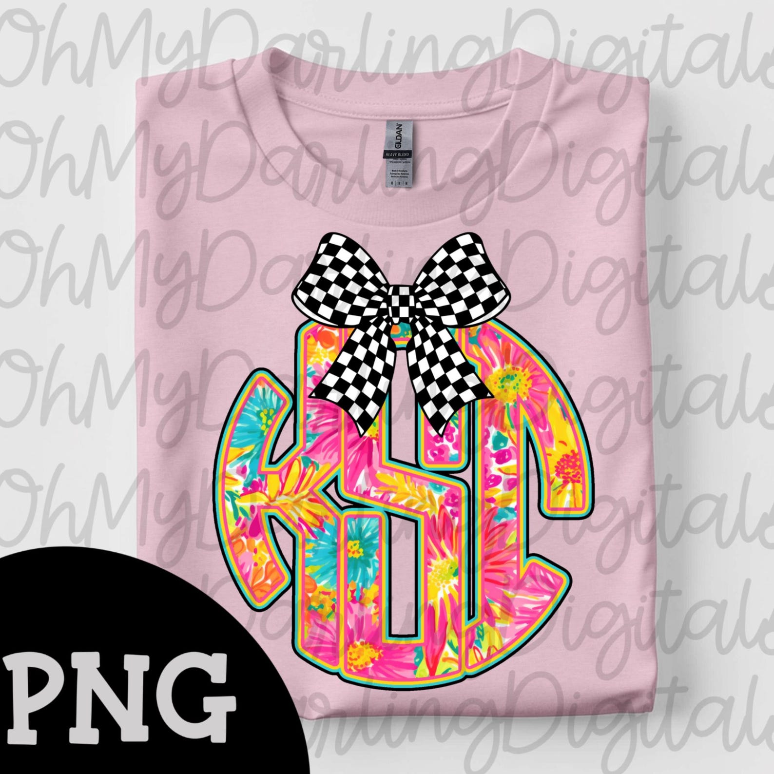 Custom Floral Monogram PNG: Checkered Bow, Neon Summer Initials ...