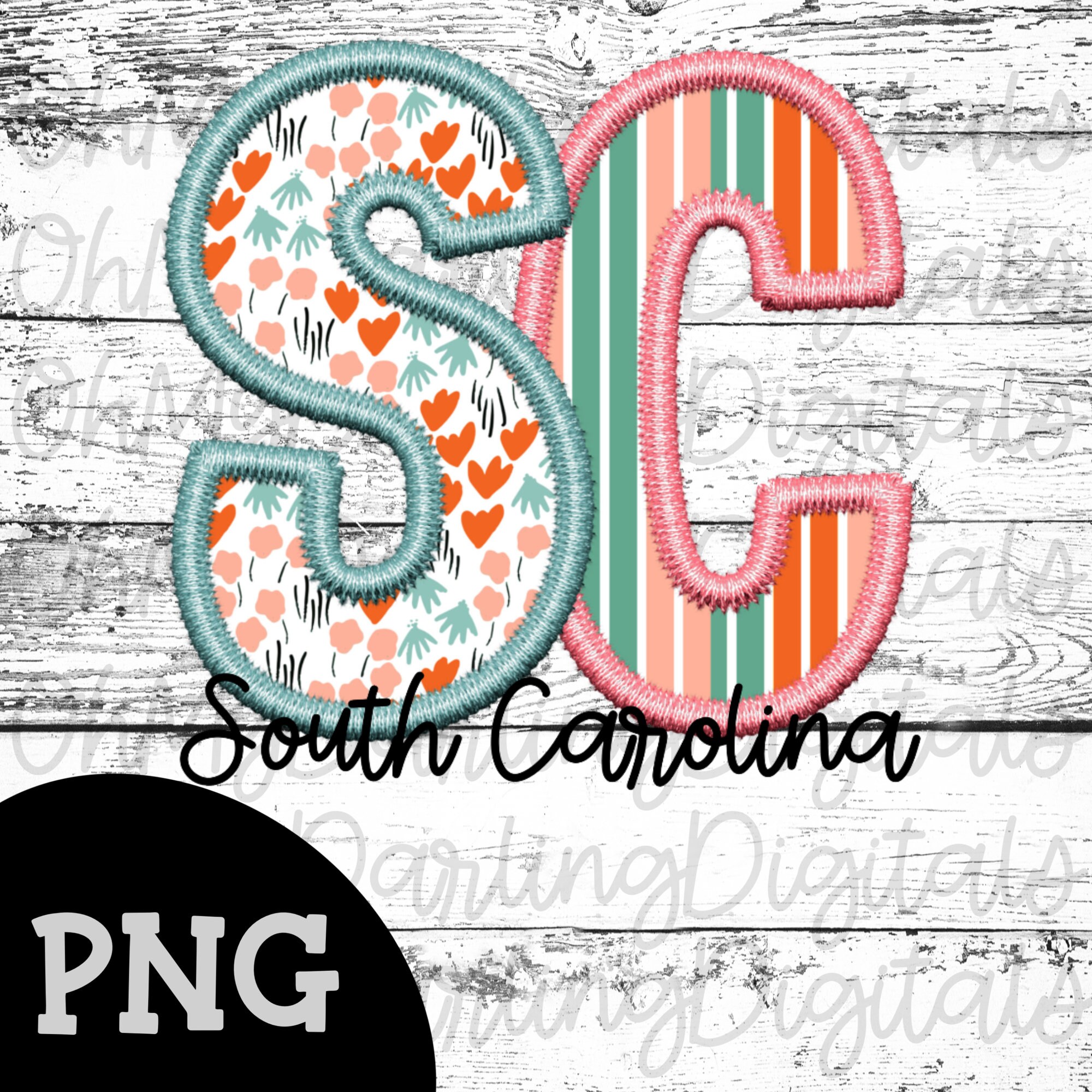 Floral South Carolina Faux Embroidery Png/ State Png/ SC Abbreviation ...