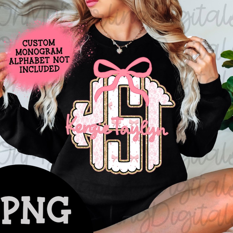 CUSTOM Preppy Toile Bow Monogram/pink/coquette/girly Png/gold Glitter ...