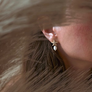 Pearl Drop Starfish Earrings in Gold Shade Cute Gift for Her Coquette Dainty Dangle Earrings ...