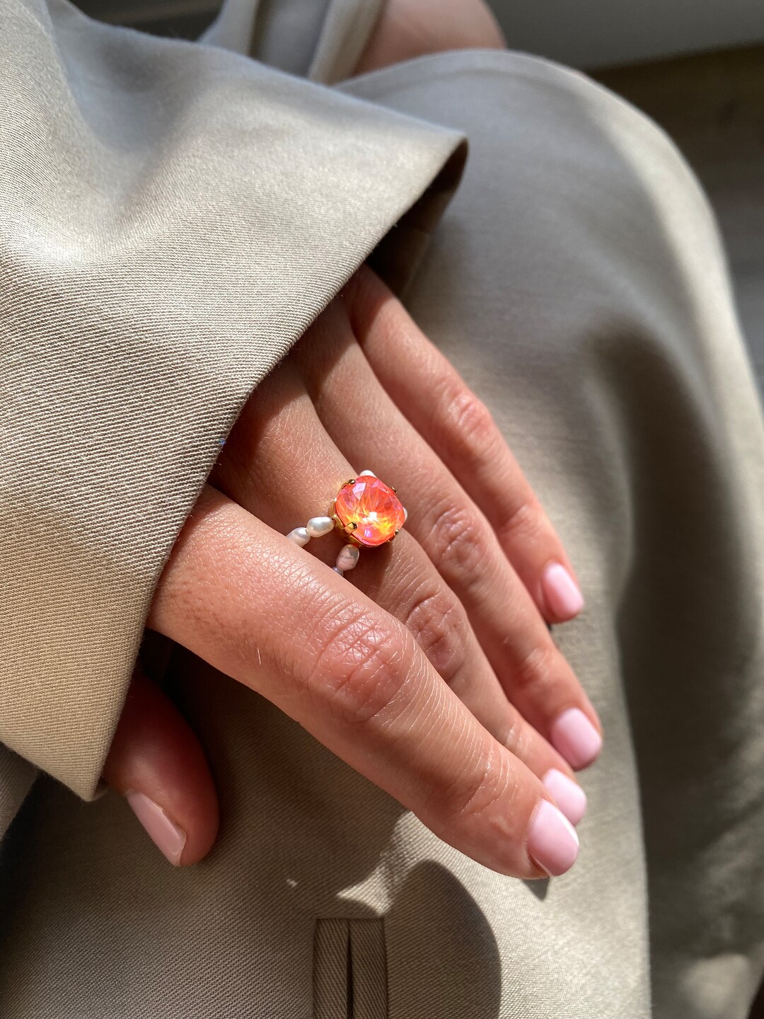 Ring With Swarovski Orange Crystal With Pearl for Women With - Etsy