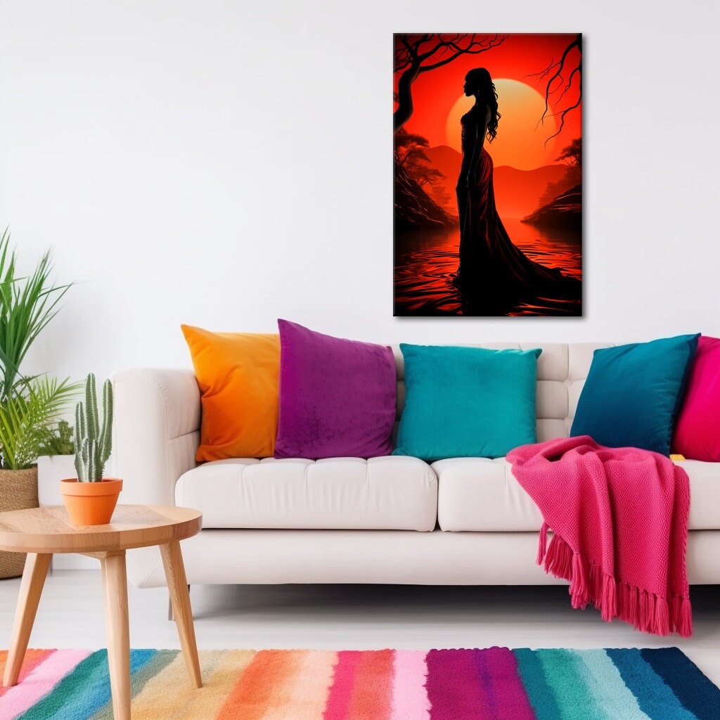 Sunset Serenade: Black Woman's Silhouette in Fiery Red Dress, Poised in ...