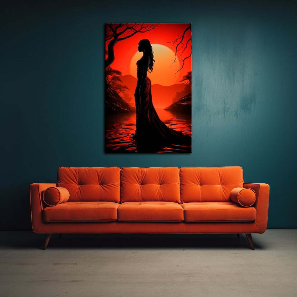 Sunset Serenade: Black Woman's Silhouette in Fiery Red Dress, Poised in ...