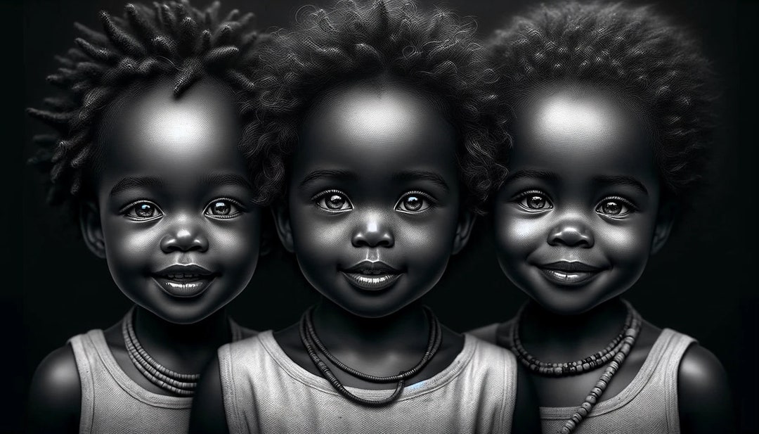 Realistic Black and White Portrait of Three Adorable African Children ...