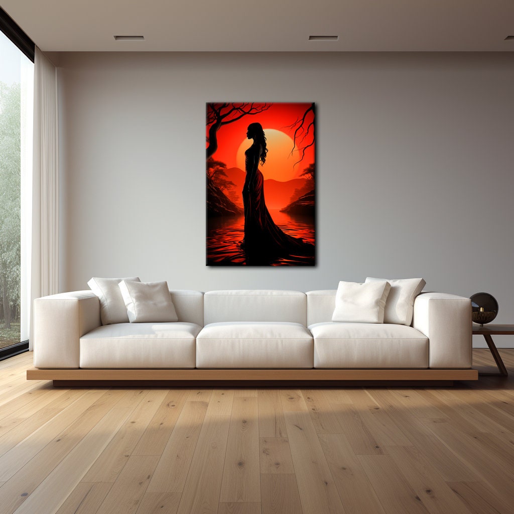 Sunset Serenade: Black Woman's Silhouette in Fiery Red Dress, Poised in ...