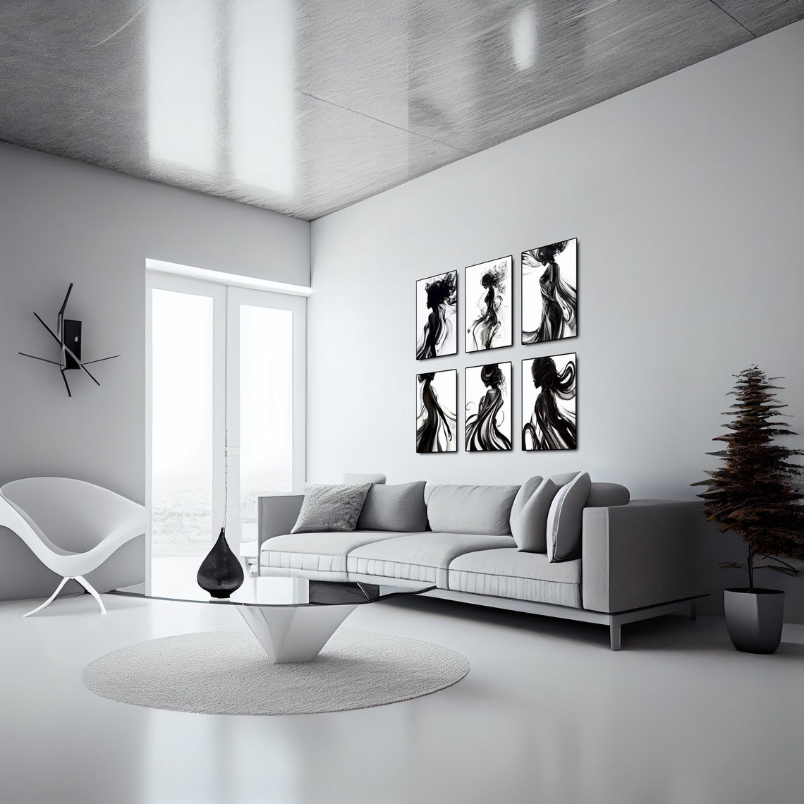 Set of 6 Elegant Black Woman Silhouette, Captivating B&W Body Contour ...