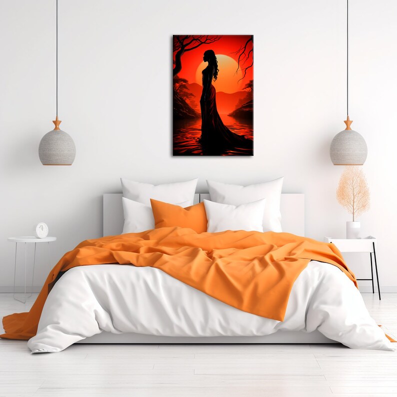 Sunset Serenade: Black Woman's Silhouette in Fiery Red Dress, Poised in ...