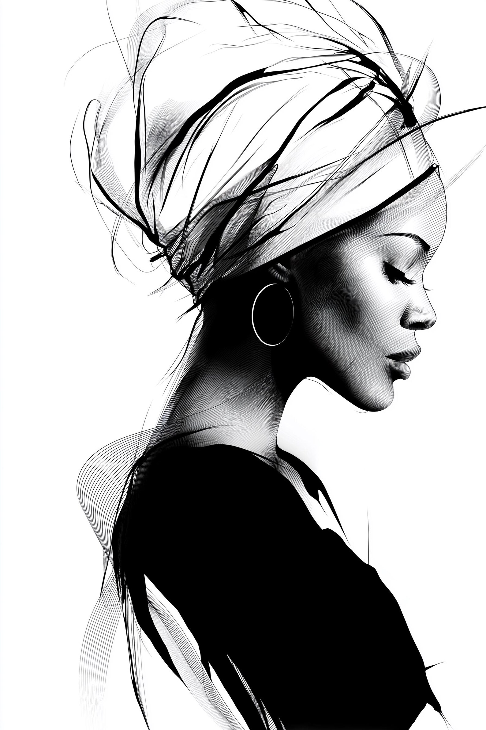 Graceful Profile B&W Art, Black Woman Headwrap Print, Modern Minimalist ...