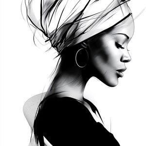 Graceful Profile B&W Art, Black Woman Headwrap Print, Modern Minimalist ...