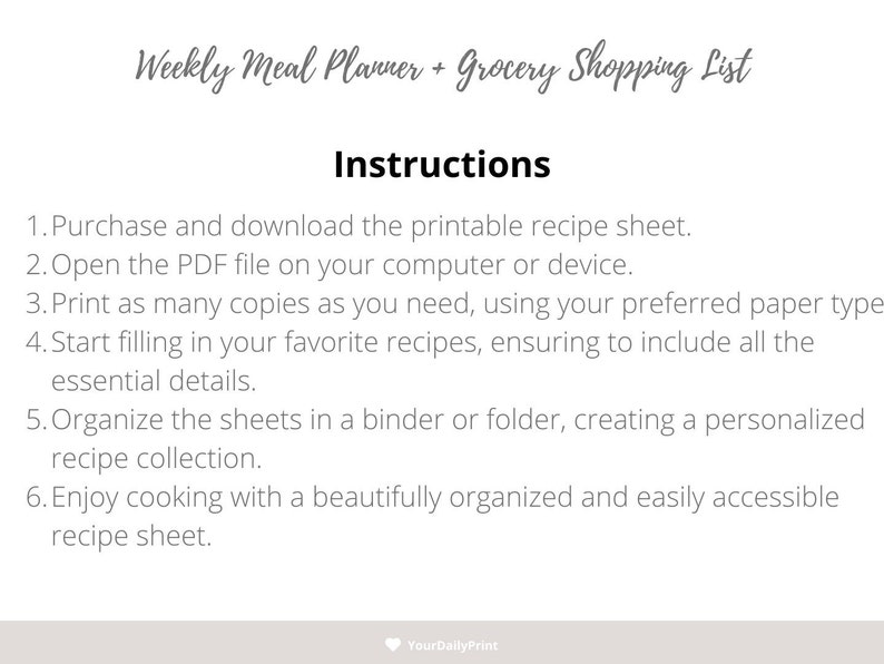 Instant Download Printable Weekly Meal Planner Template: Easy & Quick ...