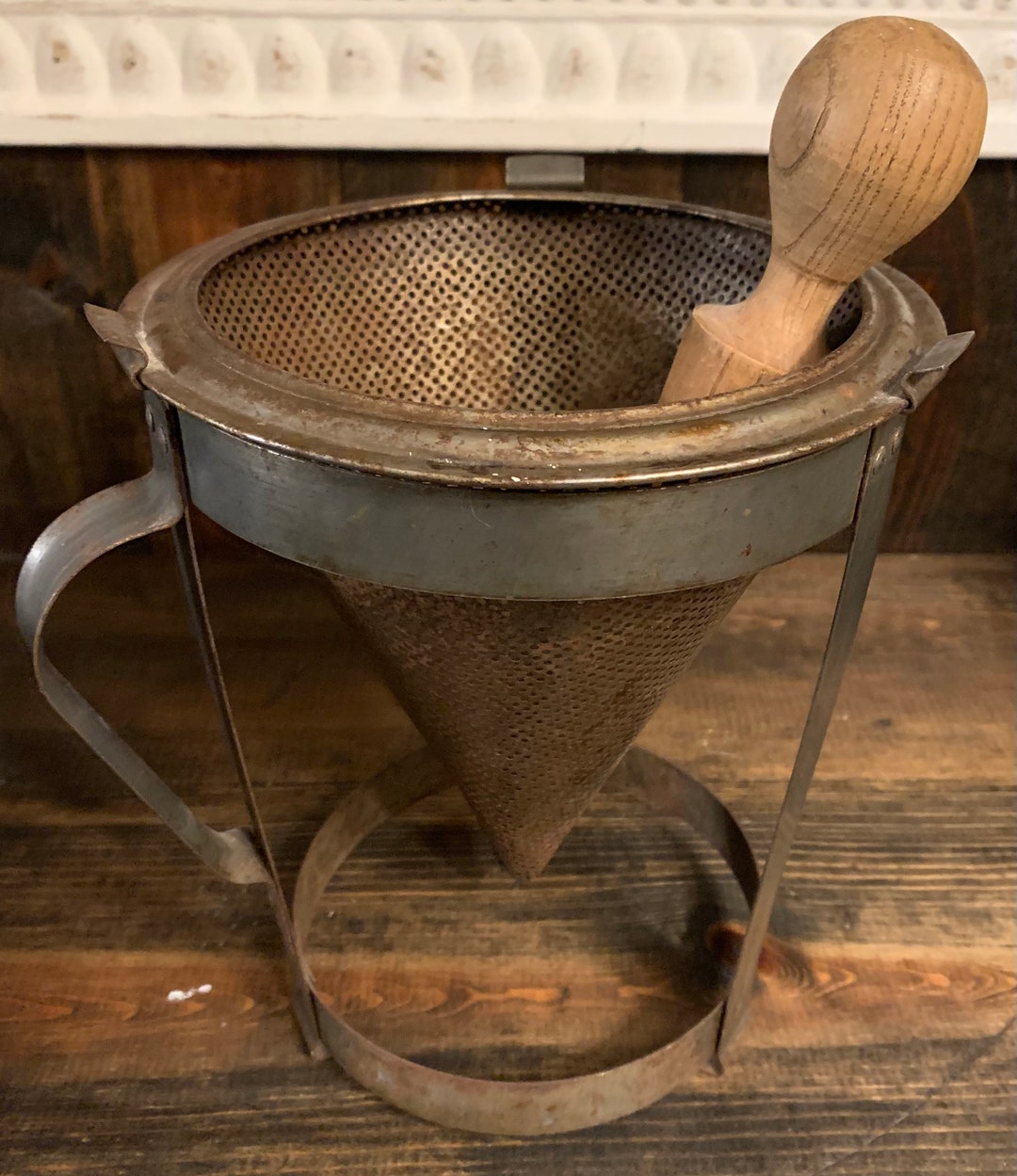 Vintage Antique Steel Cone Sieve Food Mill Wood Pestle Handle Utensil ...