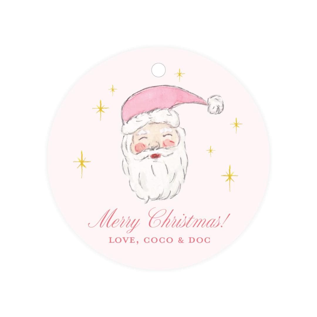 Pink Happy Santa Gift Tags, Custom Personalized Gift Tags, Watercolor ...