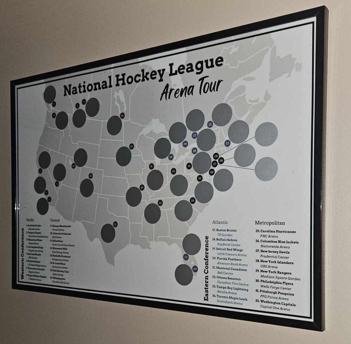 NHL Fan Arena Tour Bucket List Scratch Map in Black Frame (18in X 12in ...