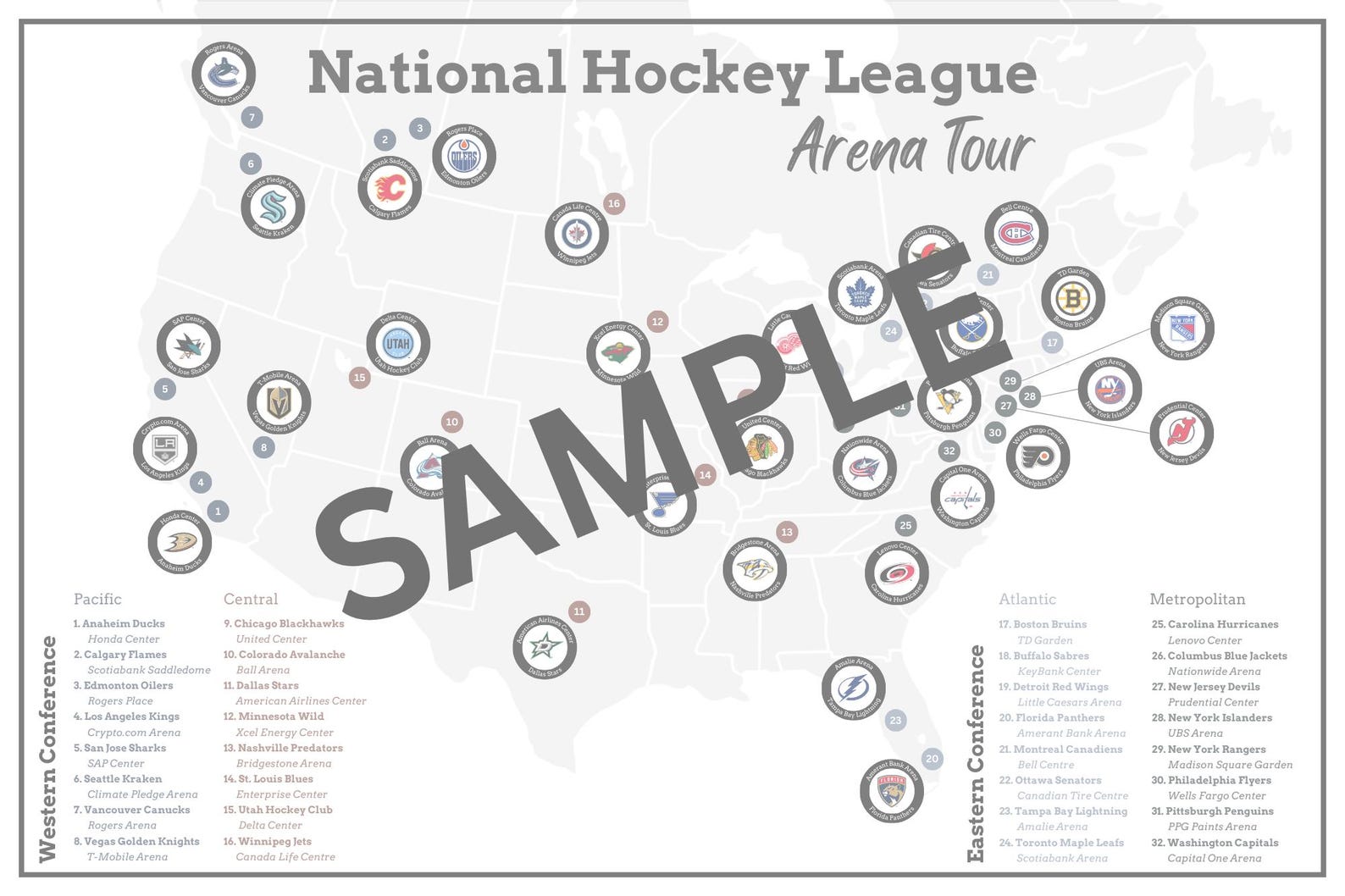 NHL Fan Arena Tour Bucket List Scratch Map in Black Frame (18in X 12in ...
