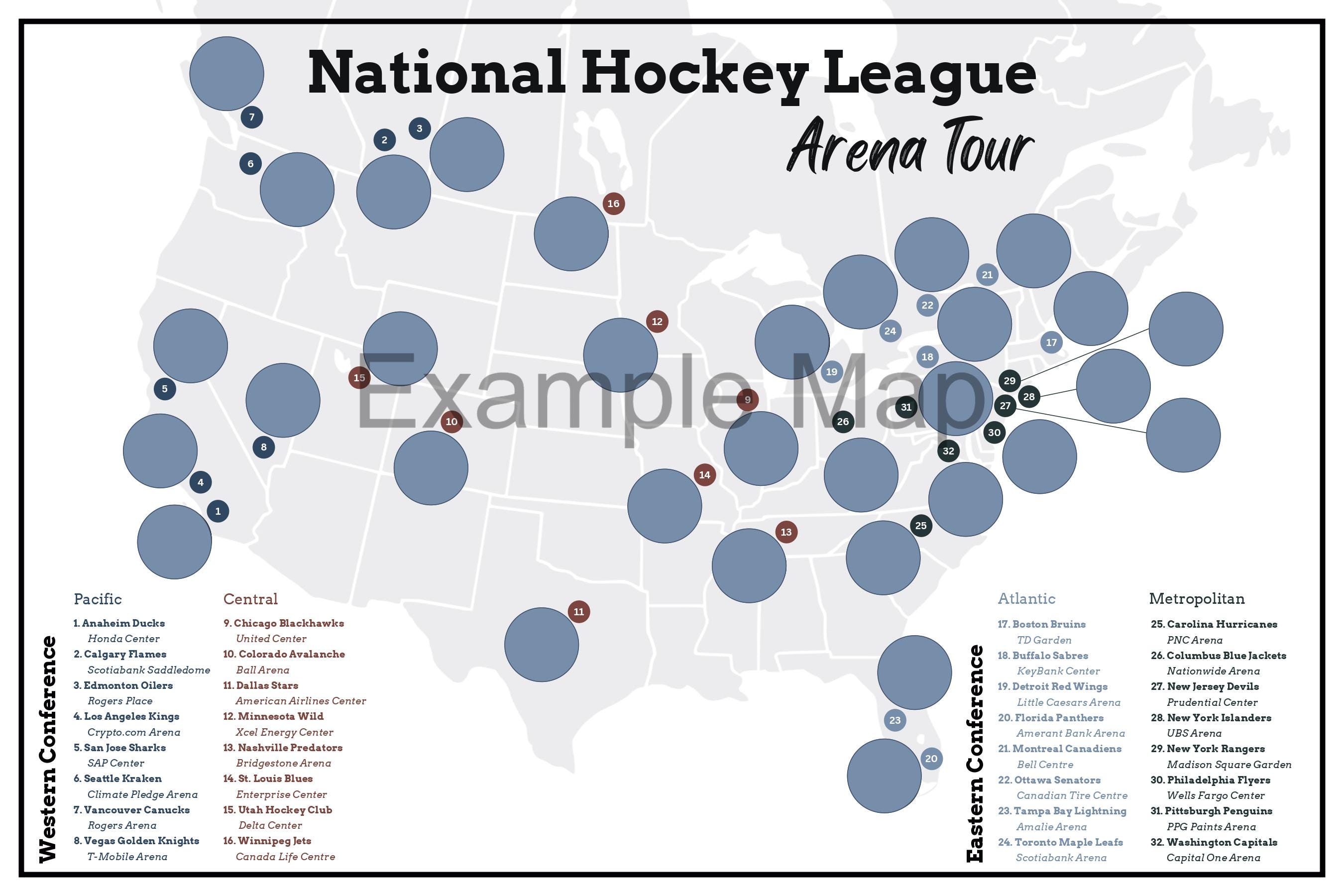 NHL Fan Arena Tour Bucket List Scratch Map in Black Frame 18in X 12in ...