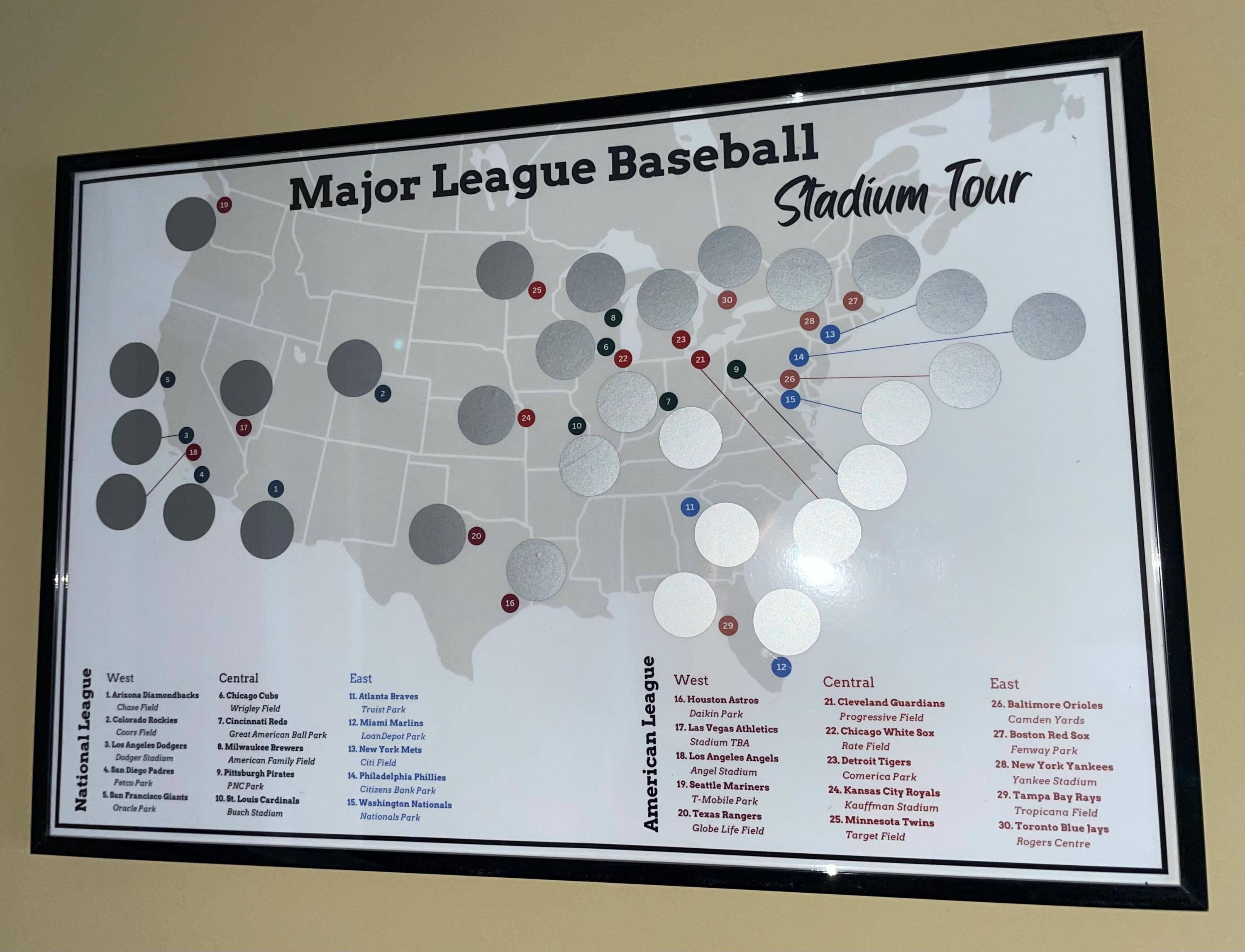 MLB Fan Stadium Tour Bucket List Scratch Map in Black Frame (18in X ...
