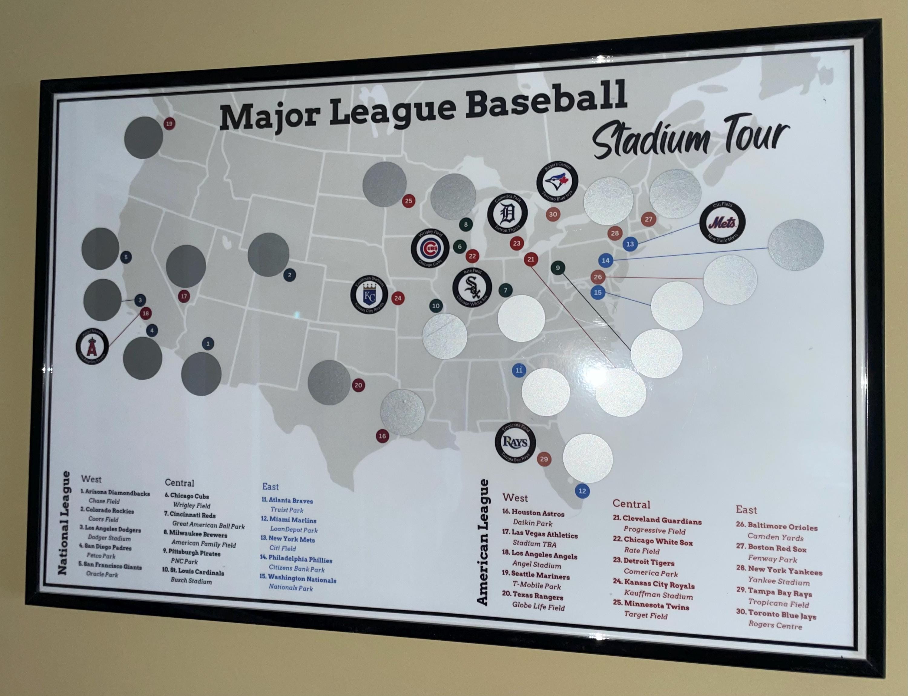 MLB Fan Stadium Tour Bucket List Scratch Map in Black Frame (18in X ...