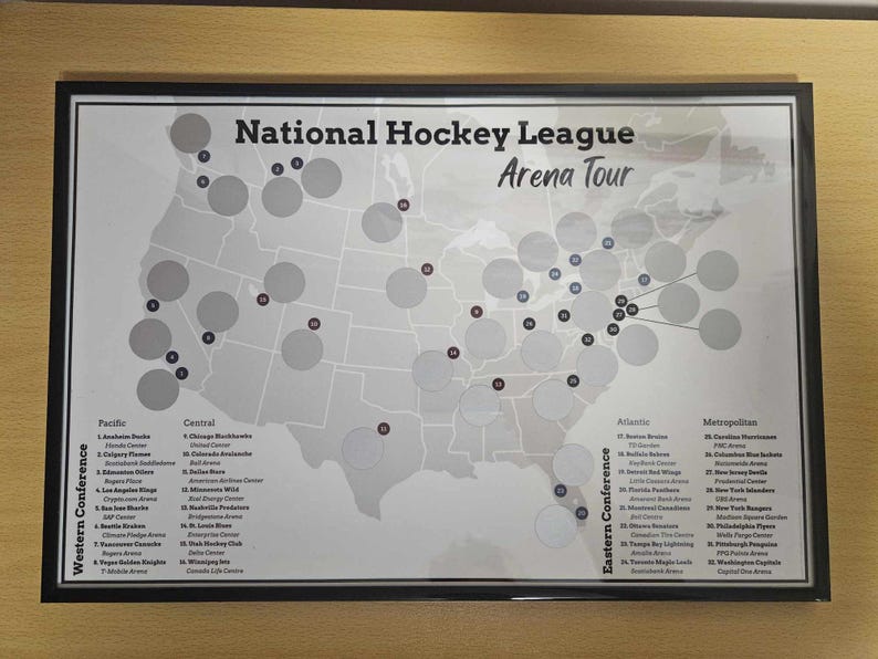 NHL Fan Arena Tour Bucket List Scratch Map in Black Frame (18in X 12in ...
