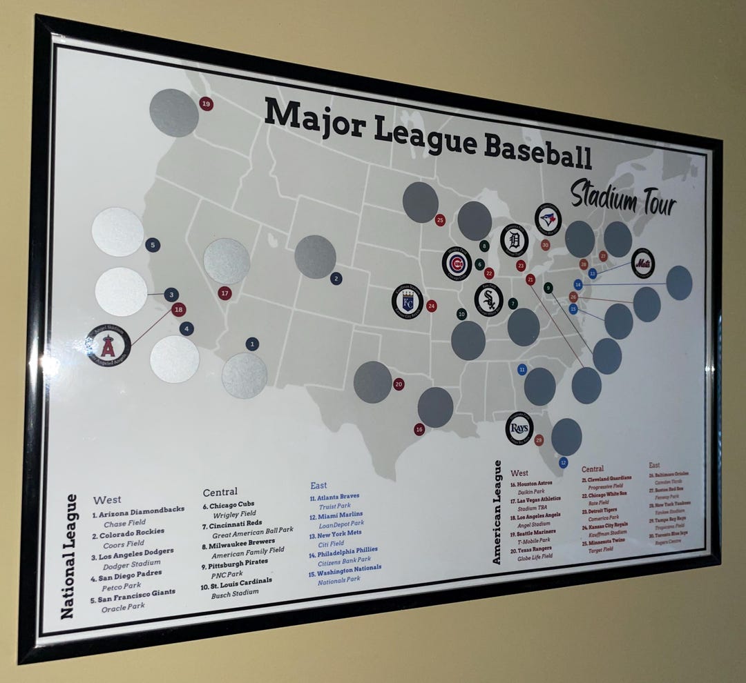 MLB Fan Stadium Tour Bucket List Scratch Map in Black Frame (18in X ...