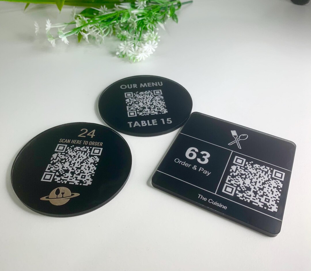 Hospitality QR Code Order Table Signs Round or Square Black Laser ...