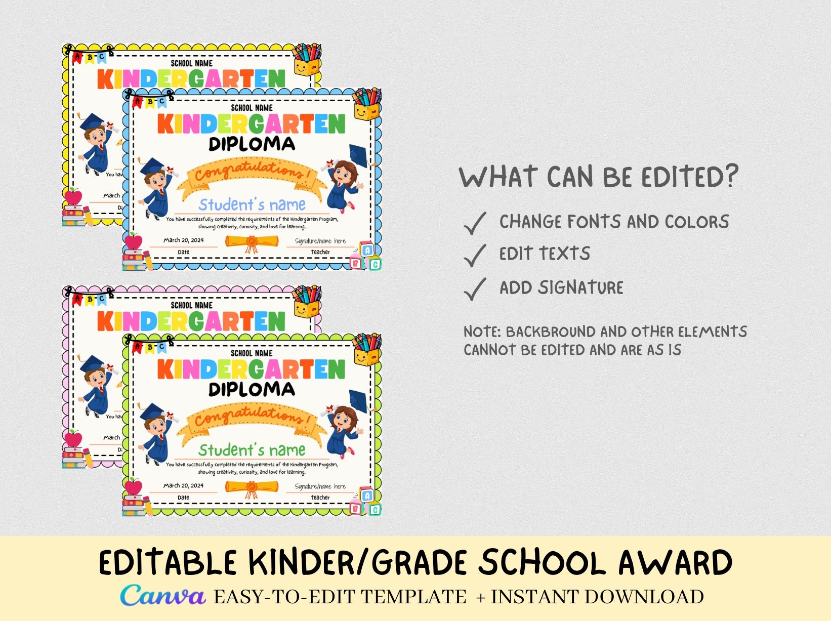 Editable Kindergarten Grade School Pre-k Certificate Diploma | Editable ...