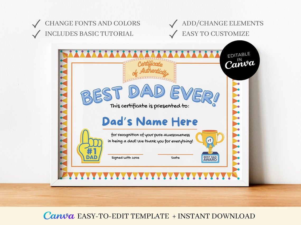 Editable Printable Greatest Dad Certificate | Canva Template | Father's ...