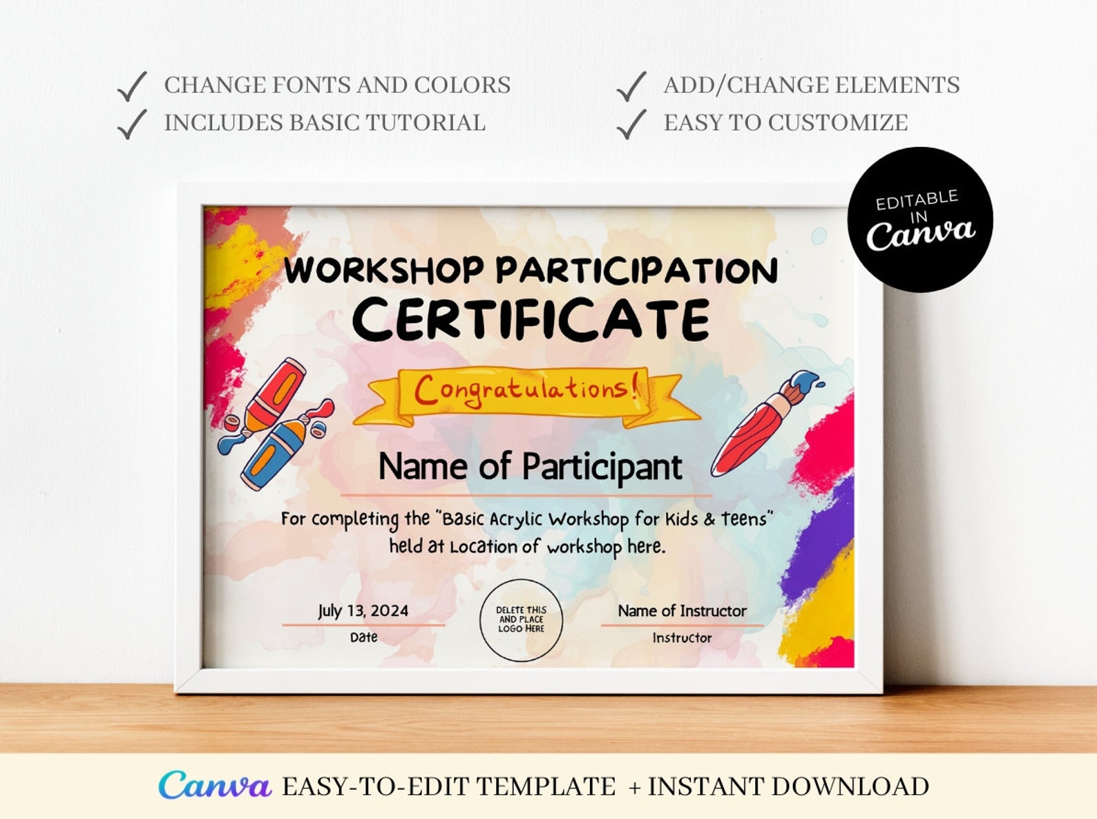 Editable Art Workshop Certificate of Participation | Editable CANVA ...