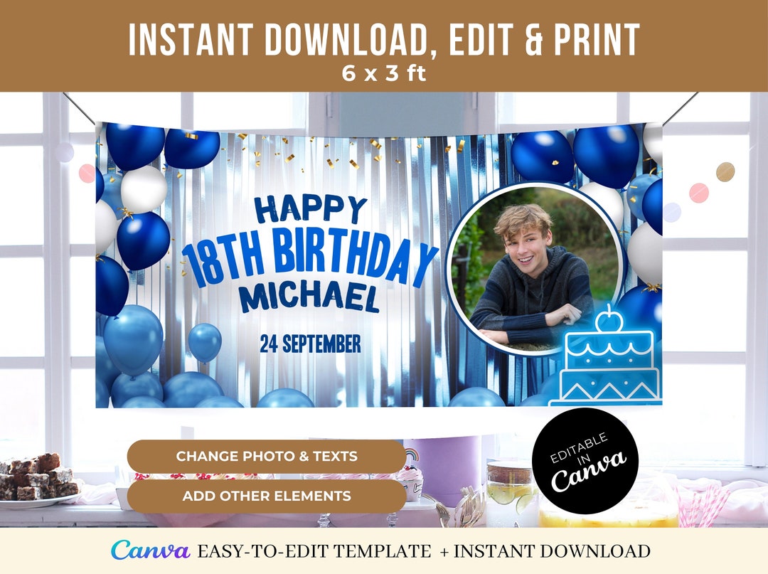 Personalized Birthday Banner With Photo | Blue Party Decor (digital ...
