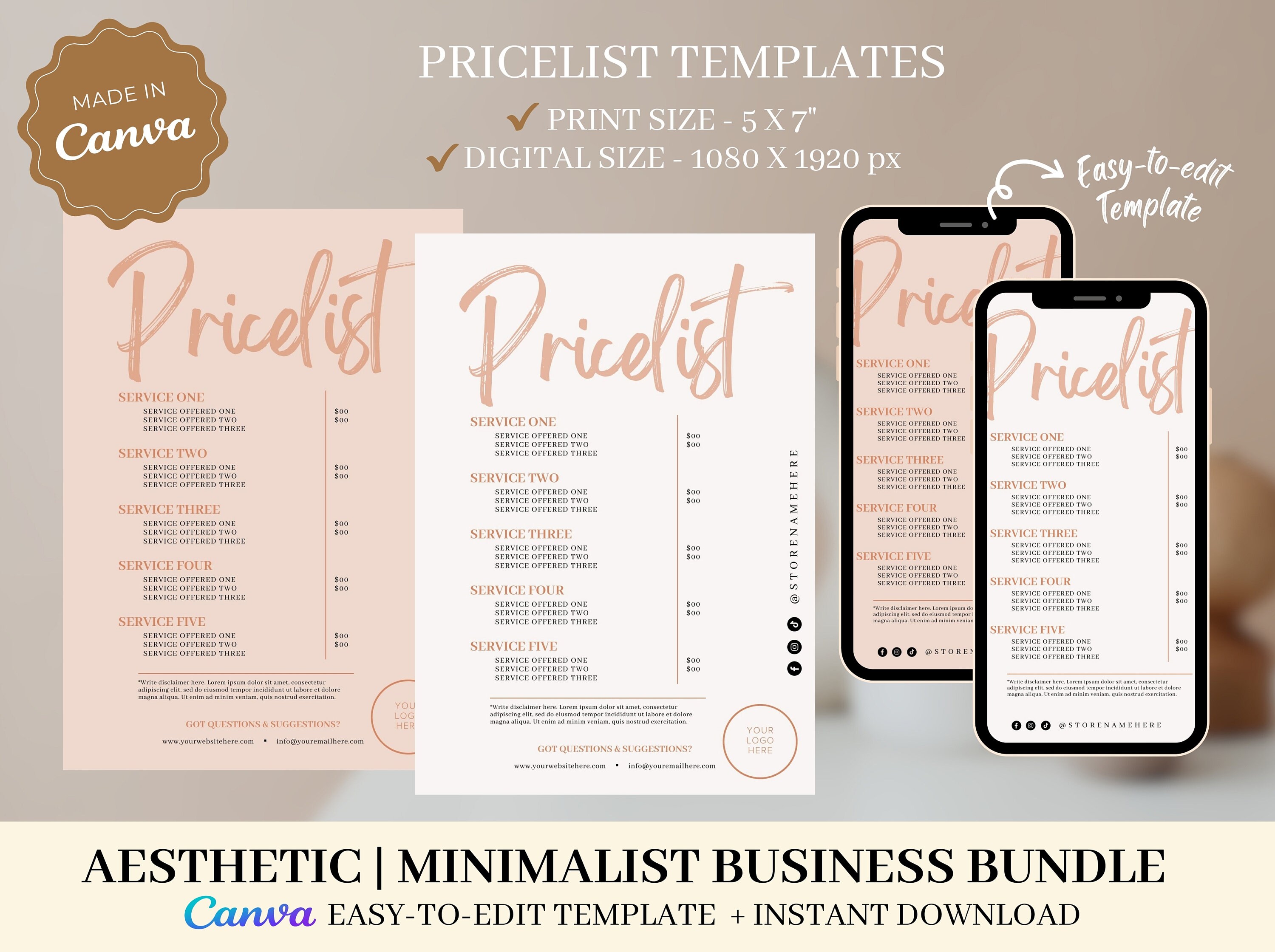 Editable CANVA Template Business Bundle Aesthetic Minimalist Price List ...