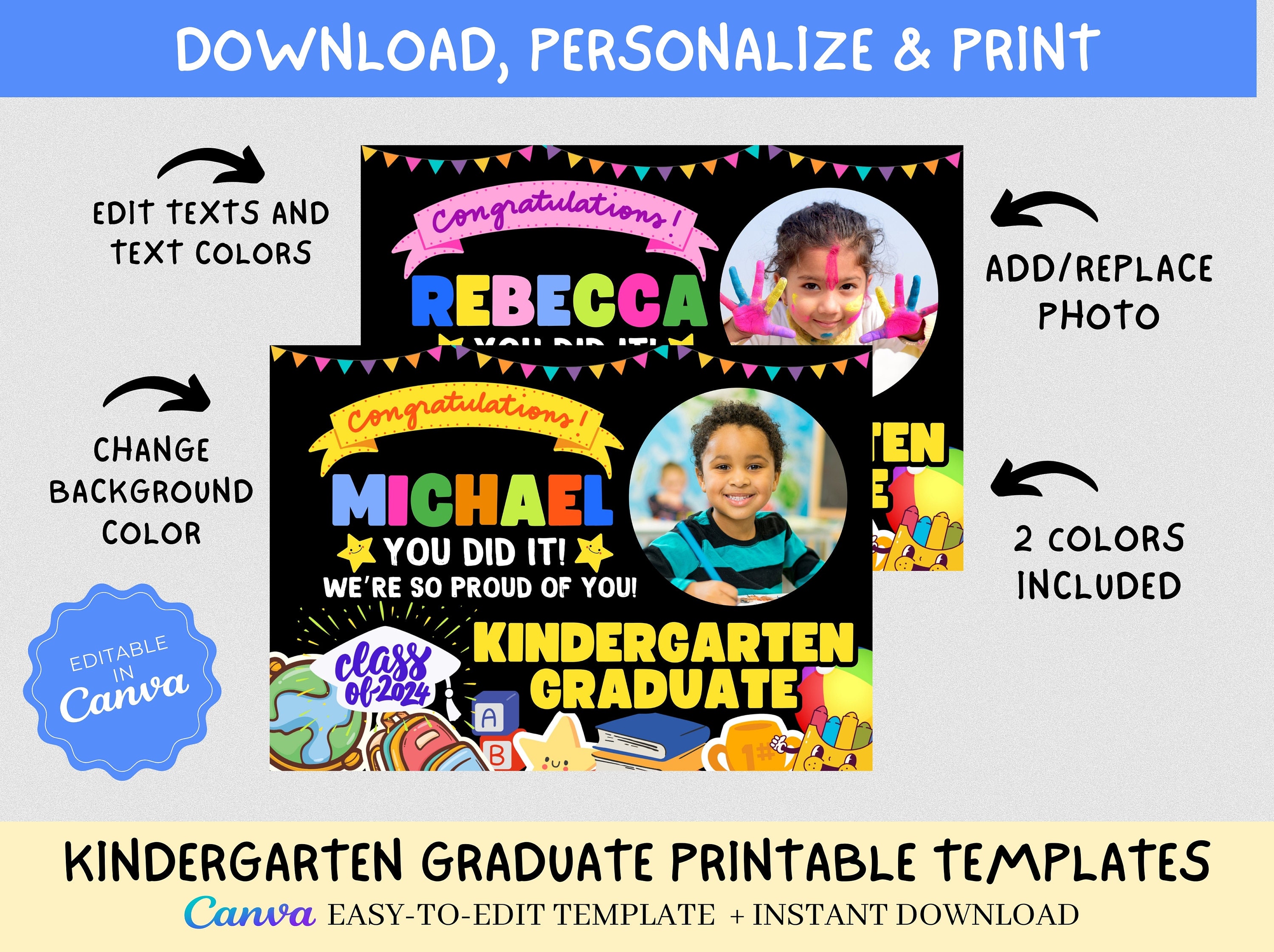 Editable Kindergarten Graduation DIY Sign Template | Class of 2024 ...