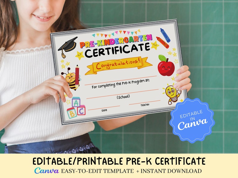 Editable Pre- Kindergarten Certificate Diploma | Editable CANVA ...