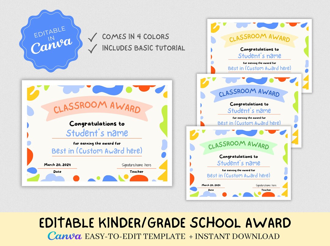 Kinder Grade School Certificate Award Editable CANVA Template Colorful ...
