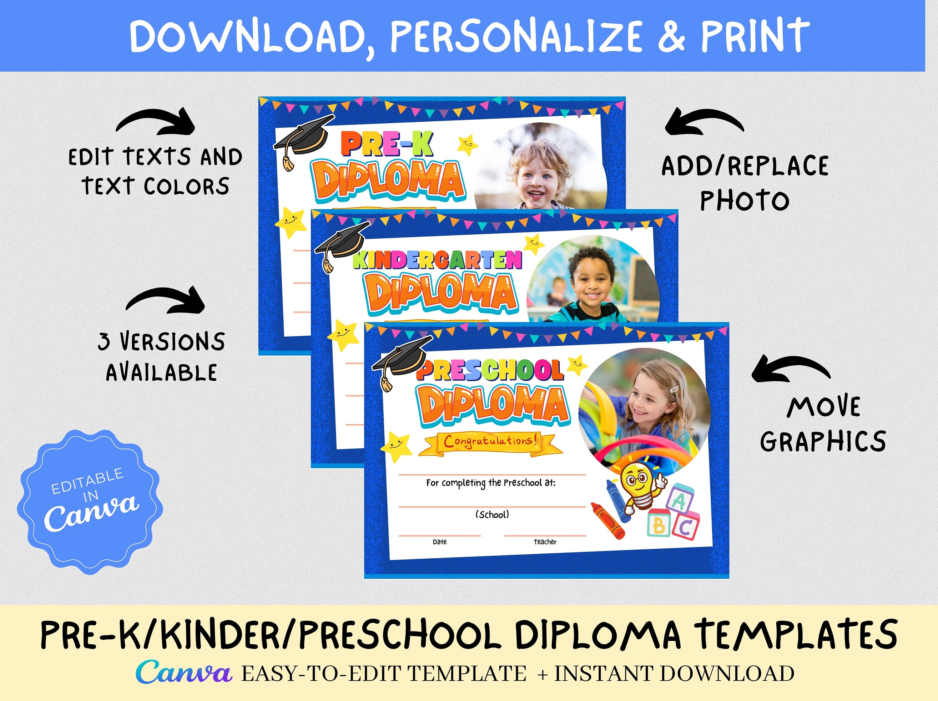 Editable Pre-k Kindergarten Preschool Diploma Template | PRINTABLE ...