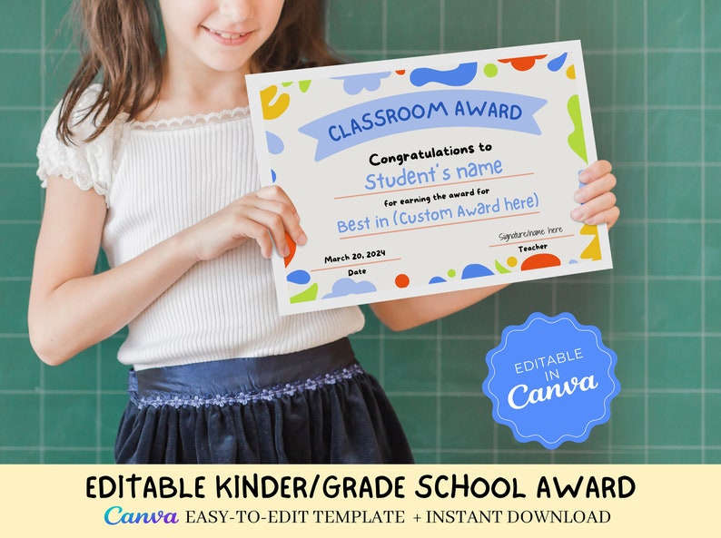 Editable Kindergarten Grade School Pre-k Certificate Award | Editable ...