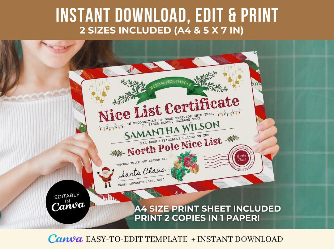 Editable Official Nice List Certificate From Santa | Printable Santa ...