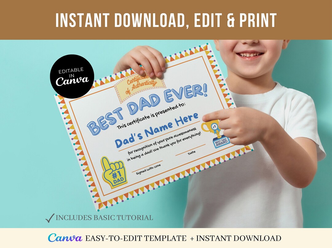 Editable Printable Greatest Dad Certificate | Canva Template | Father's ...