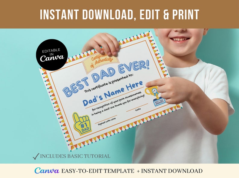 Editable Printable Greatest Dad Certificate | Canva Template | Father's ...