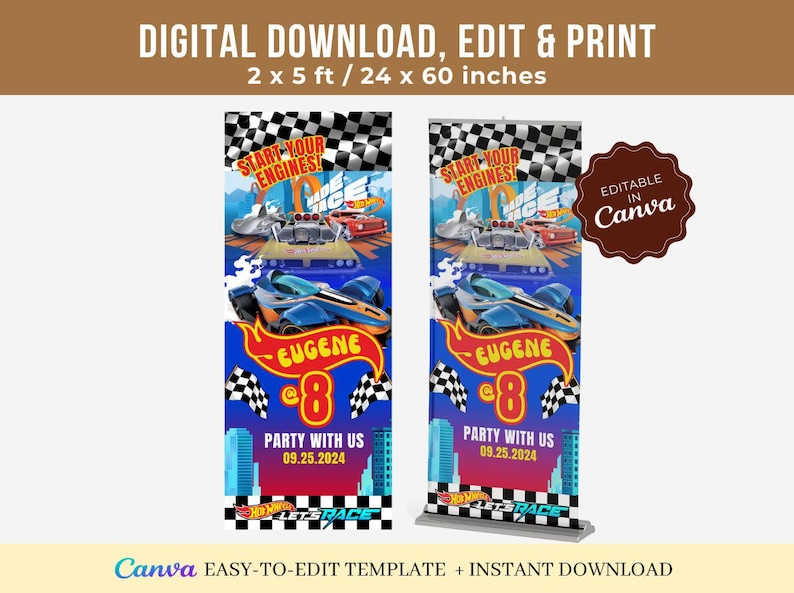 Editable Hot Cars Wheel Birthday Banner Canva Template Racing Car ...